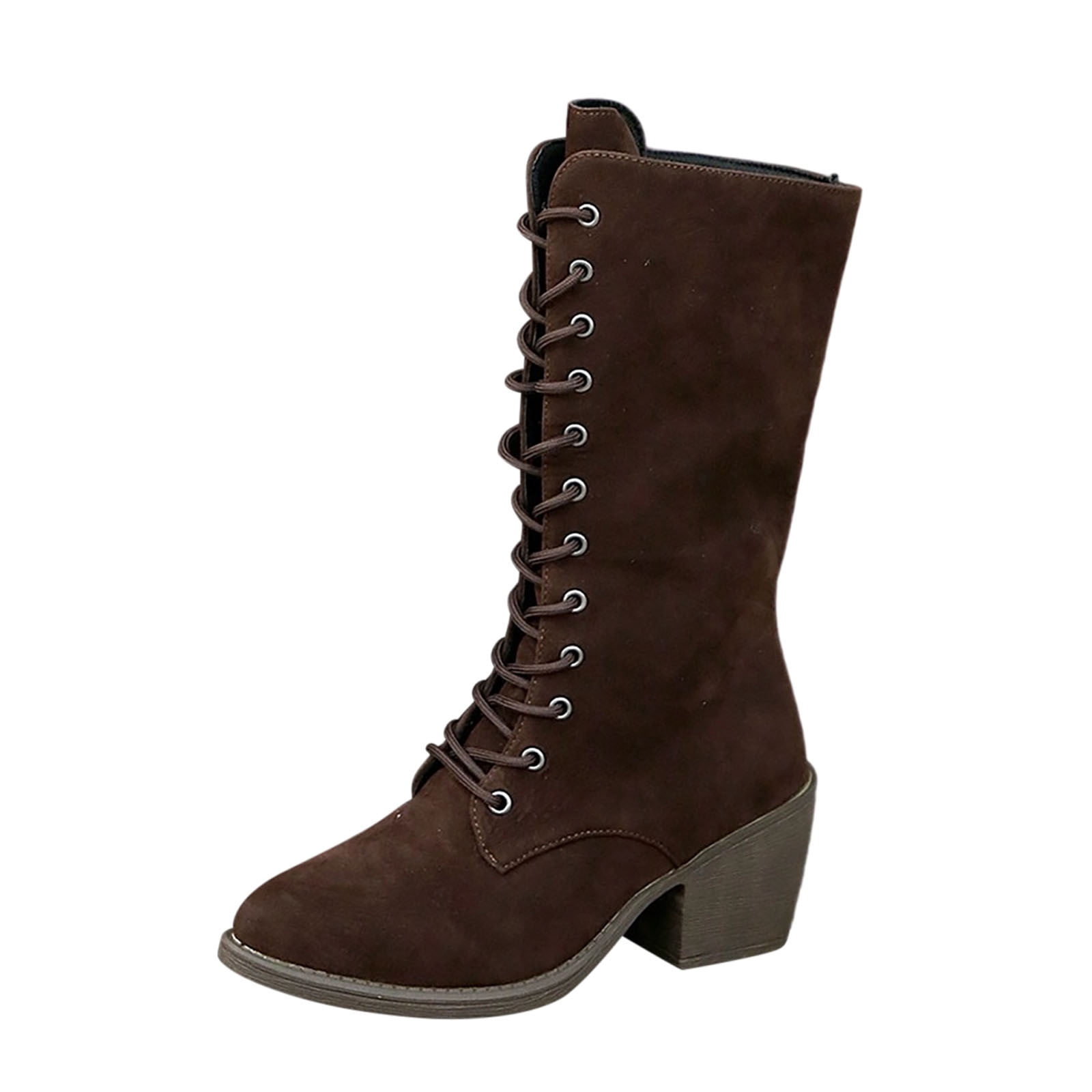 Coffee Women'S Mid Calf Boots Pointed Toe Front Tie Closure Block Heel ...