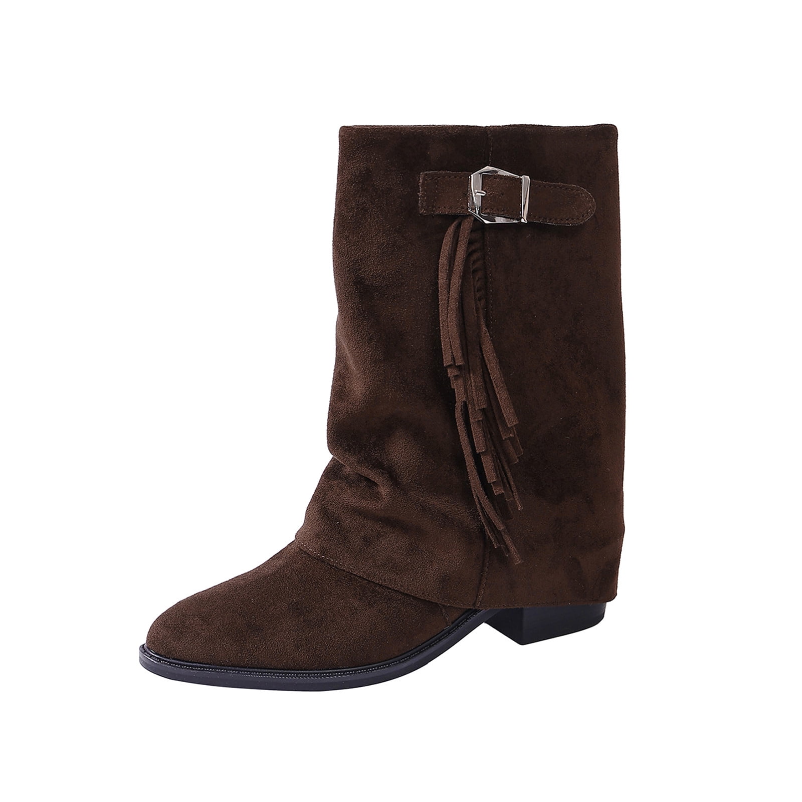 Coffee Womens Mid Calf Boots Fringe Tassel Detail Pointed Toe Block ...