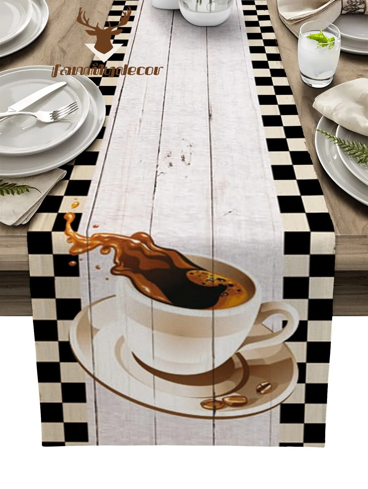 Coffee Wood Grain Retro Lattice Table Runner Home Wedding Table Flag ...