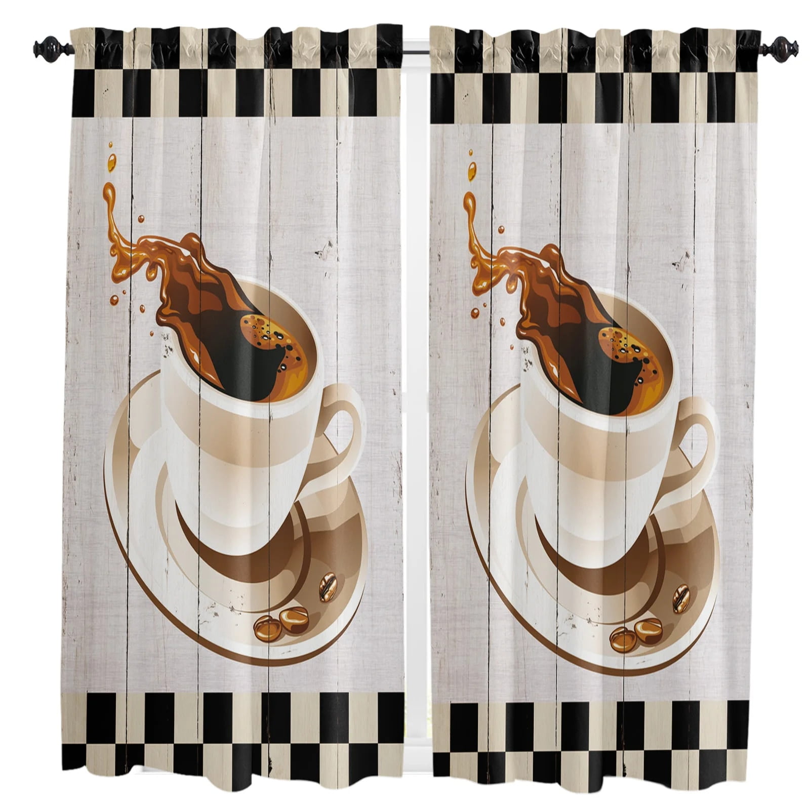 Coffee Wood Grain Retro Small Curtain Rod Pocket Short Curtains Half ...