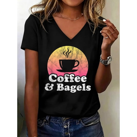 Coffee and Bagels V Neck T-Shirt Cotton Women's V Neck Graphic Tee ...