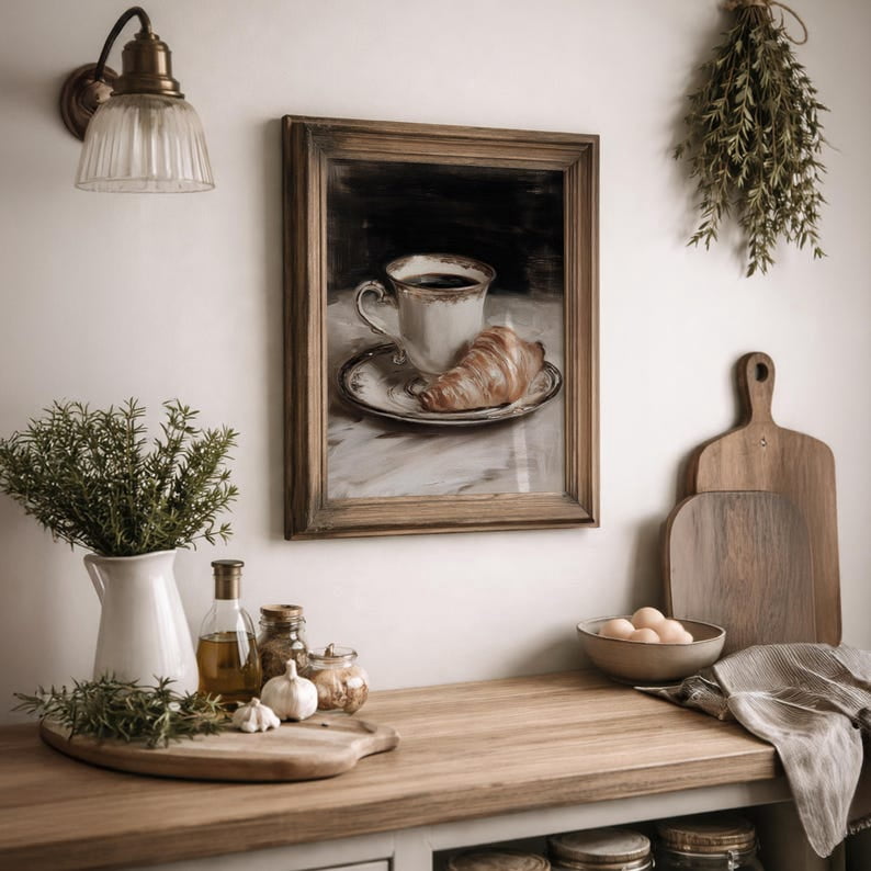 Coffee and Croissant Art Print: Vintage Cafe Painting Size 24x36 ...