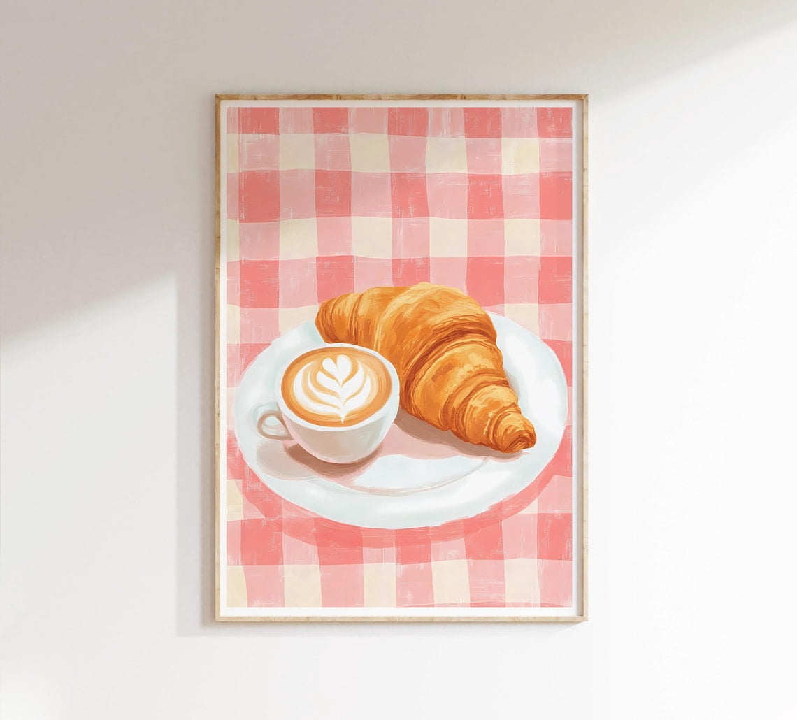 Coffee and croissant Poster pink breakfast club art preppy aesthetic ...