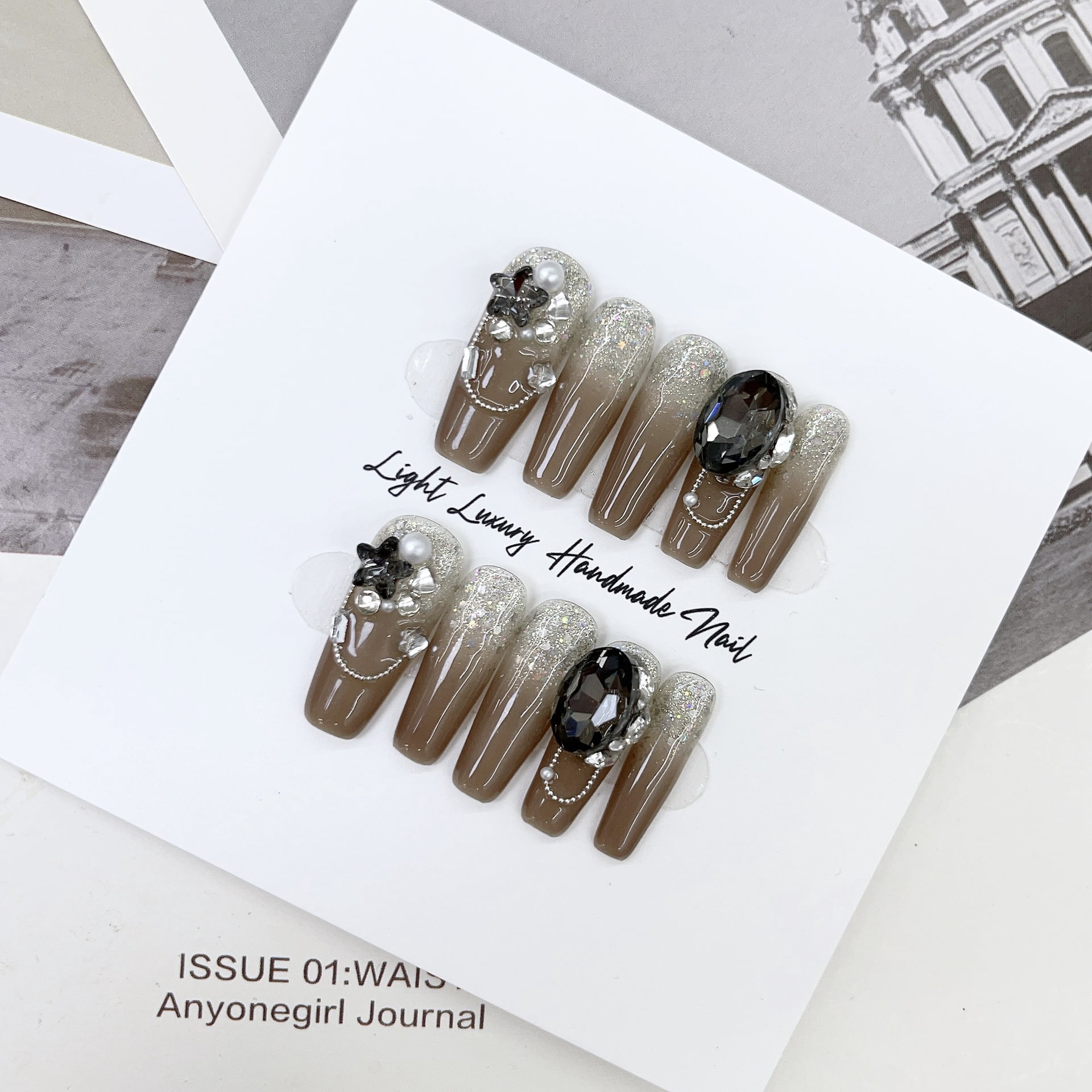 Coffee color gradual change light luxury white hand wear nail light ...