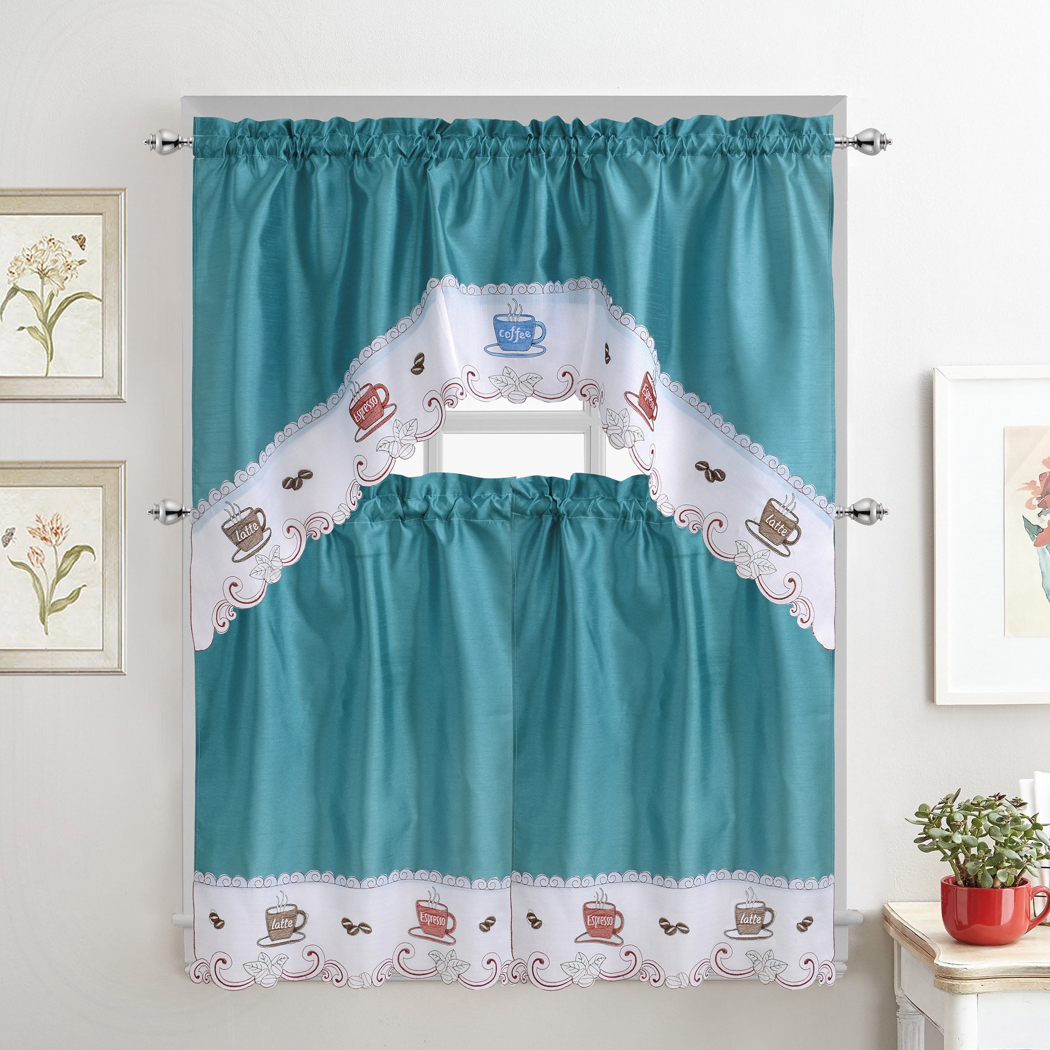 Coffee cup Embroidered 3-Piece Kitchen Curtain Tiers & Swag Set ...