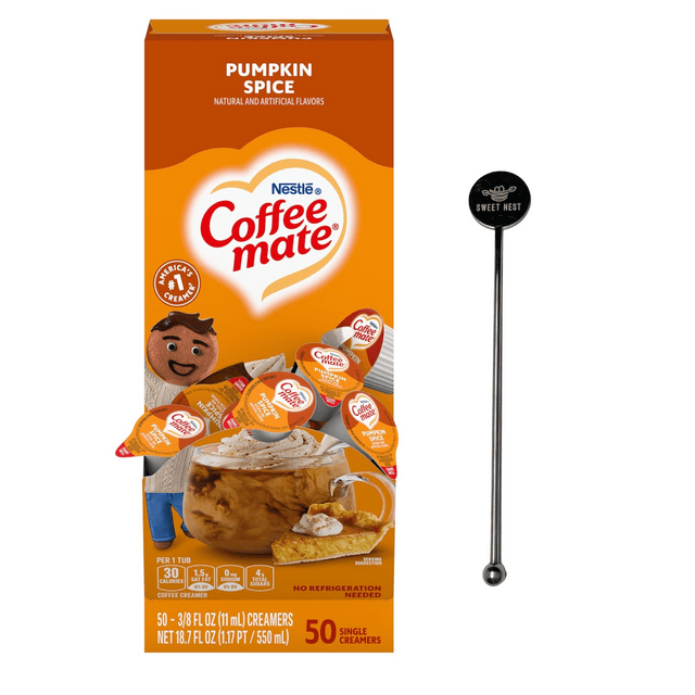 Coffee Mate Pumpkin Spice Non-Dairy Creamer, 50 Count Cups, with Sweet Nest Stir Bundle ...