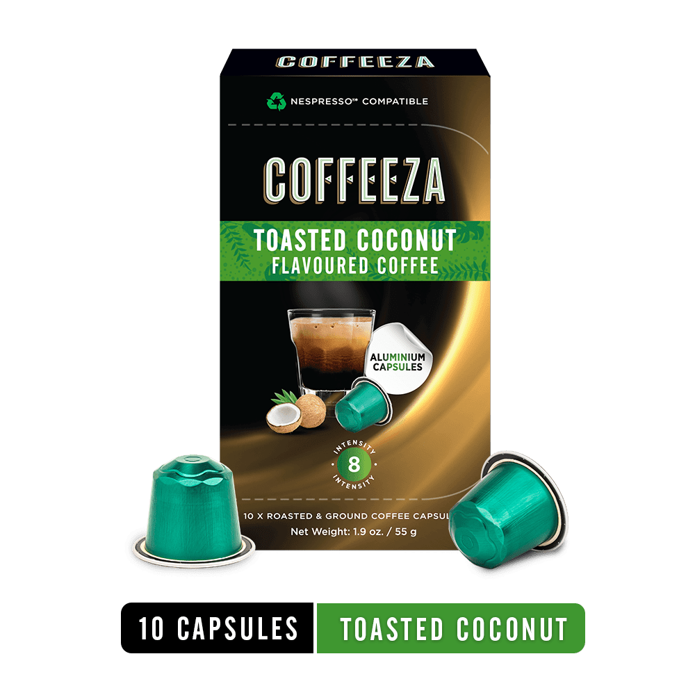 Coffeeza Toasted Coconut Flavoured Aluminium Coffee Capsules, Intensity ...