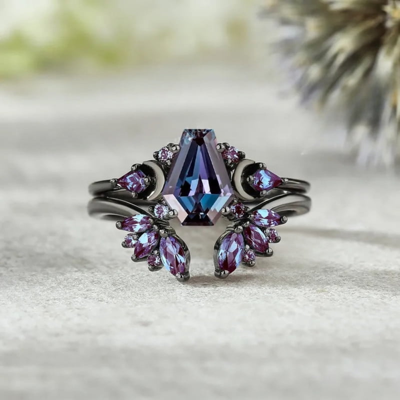 Coffin Cut Alexandrite Engagement Ring Set in 14K Black Gold Vermeil ...