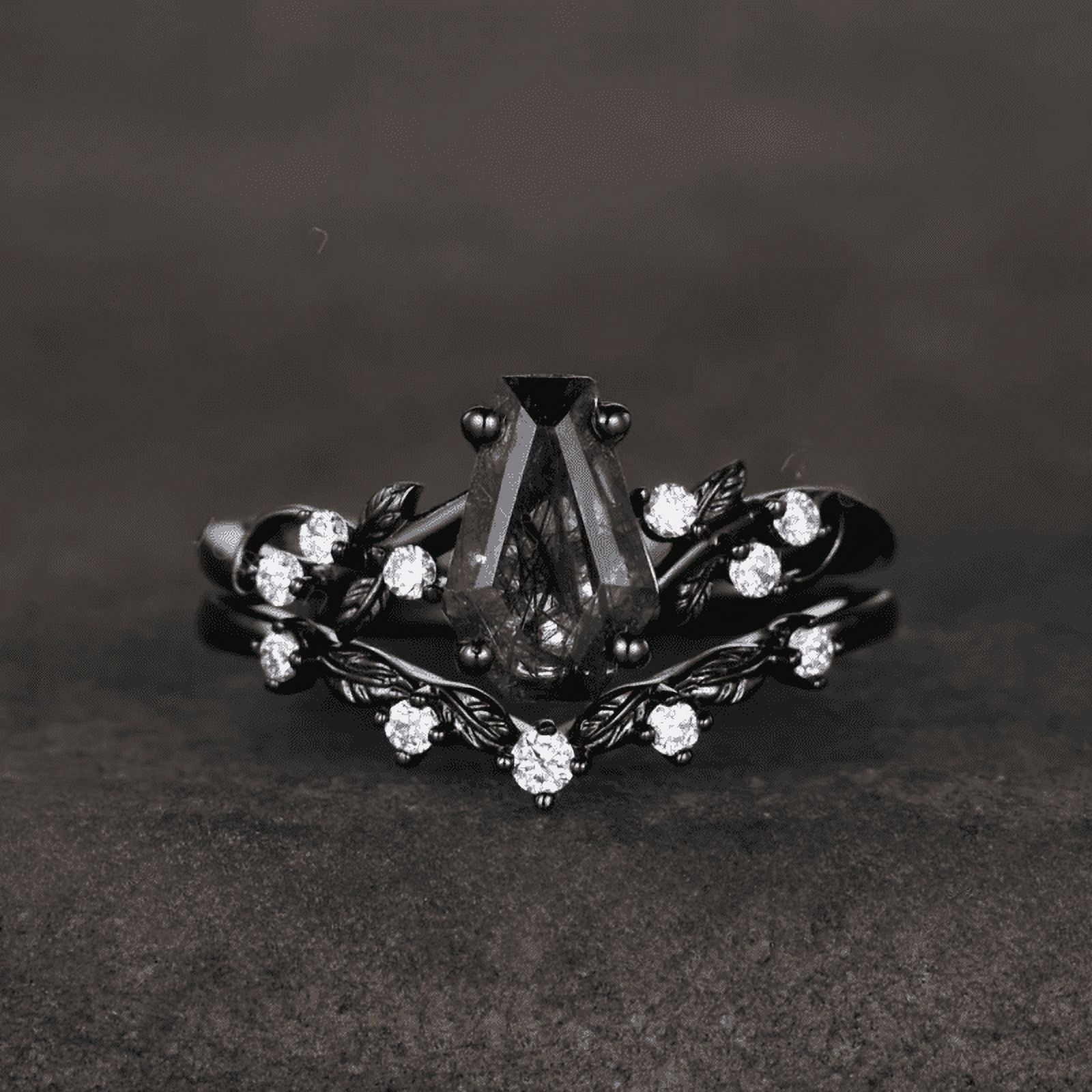 Coffin Cut Black Rutilated Quartz and Diamond Wedding Ring in 14K Black ...