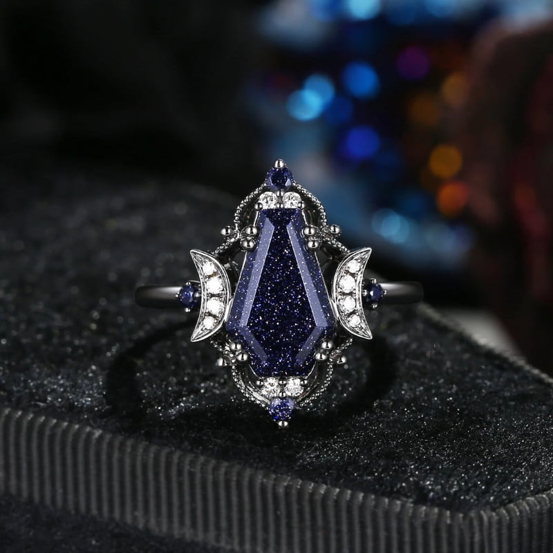 Coffin Cut Blue Sandstone Crescent Moon Ring – Gothic Celestial ...