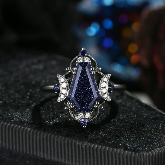 Coffin Cut Blue Sandstone Crescent Moon Ring – Gothic Celestial ...