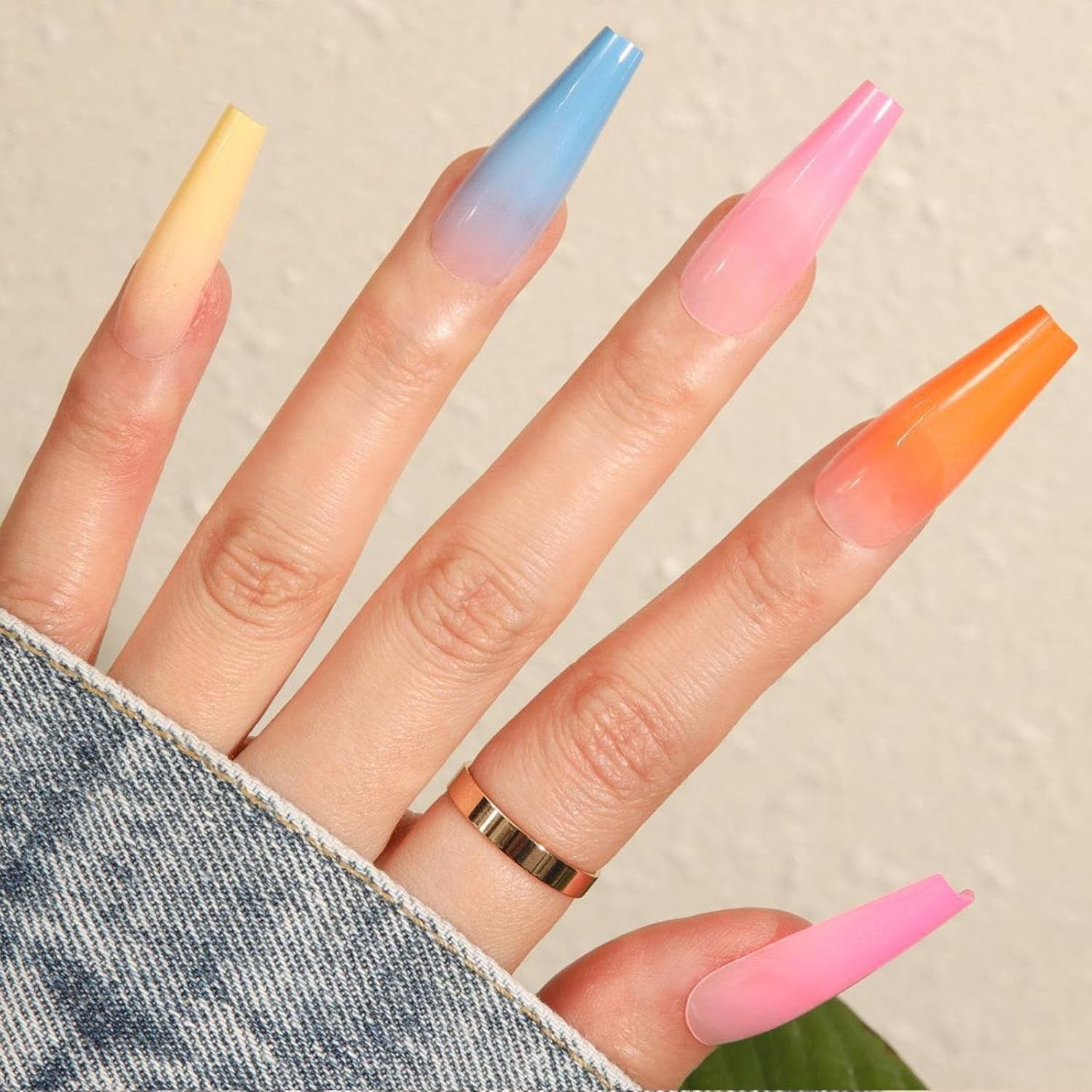 Coffin Press on Nails Long Colorful Fake Nails French Tip Nails Press ...