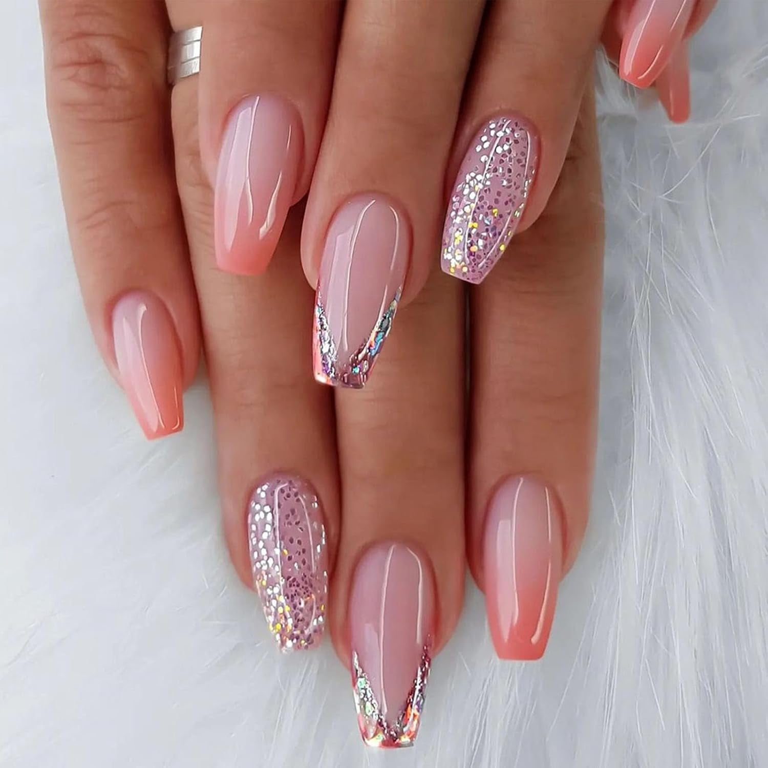 Coffin Press on Nails Medium Light Pink Fake Nails with Glue Orange ...