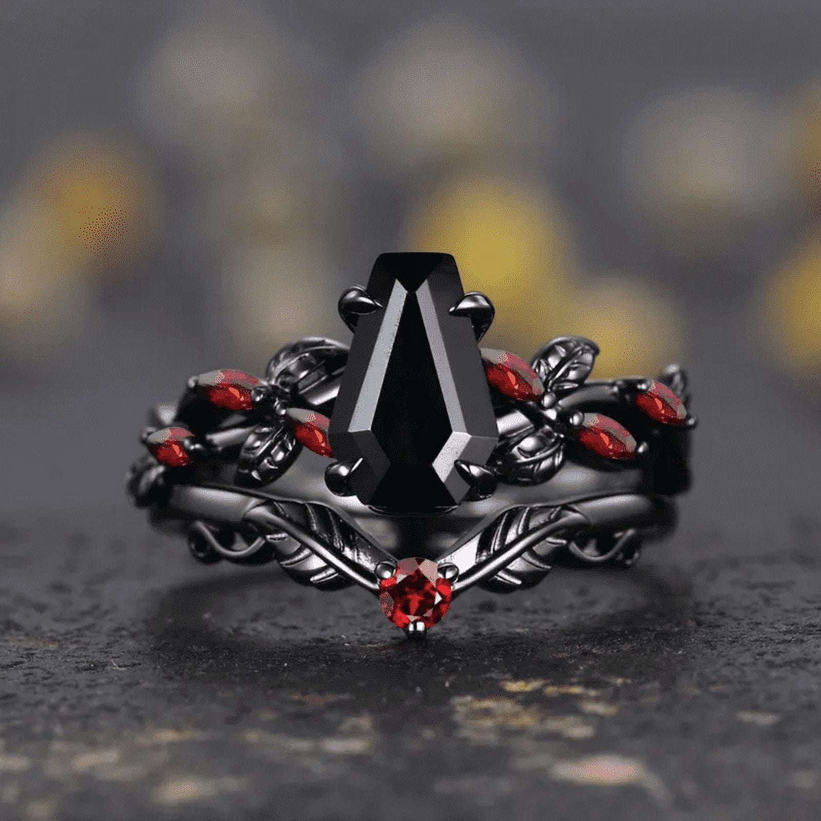 Coffin Shape Black Onyx Ring- Antique Red Garnet Bridal Promise Ring ...