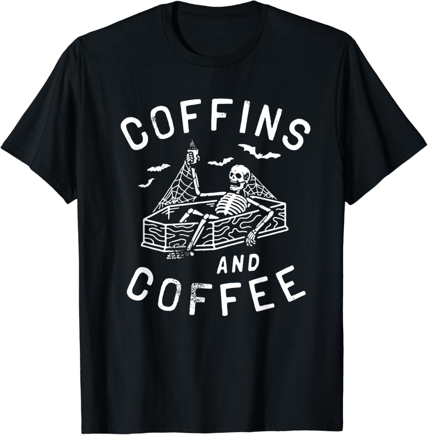 Coffins And Coffee Funny Skeleton Vintage Halloween Vibes T-Shirt ...