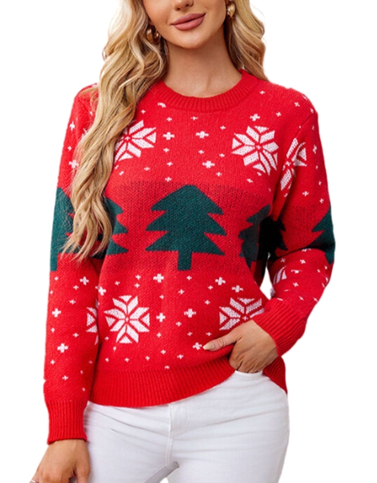 Womens Sweaters Crew Neck Pullover Festive Ugly Christmas Sweaters Tree ...