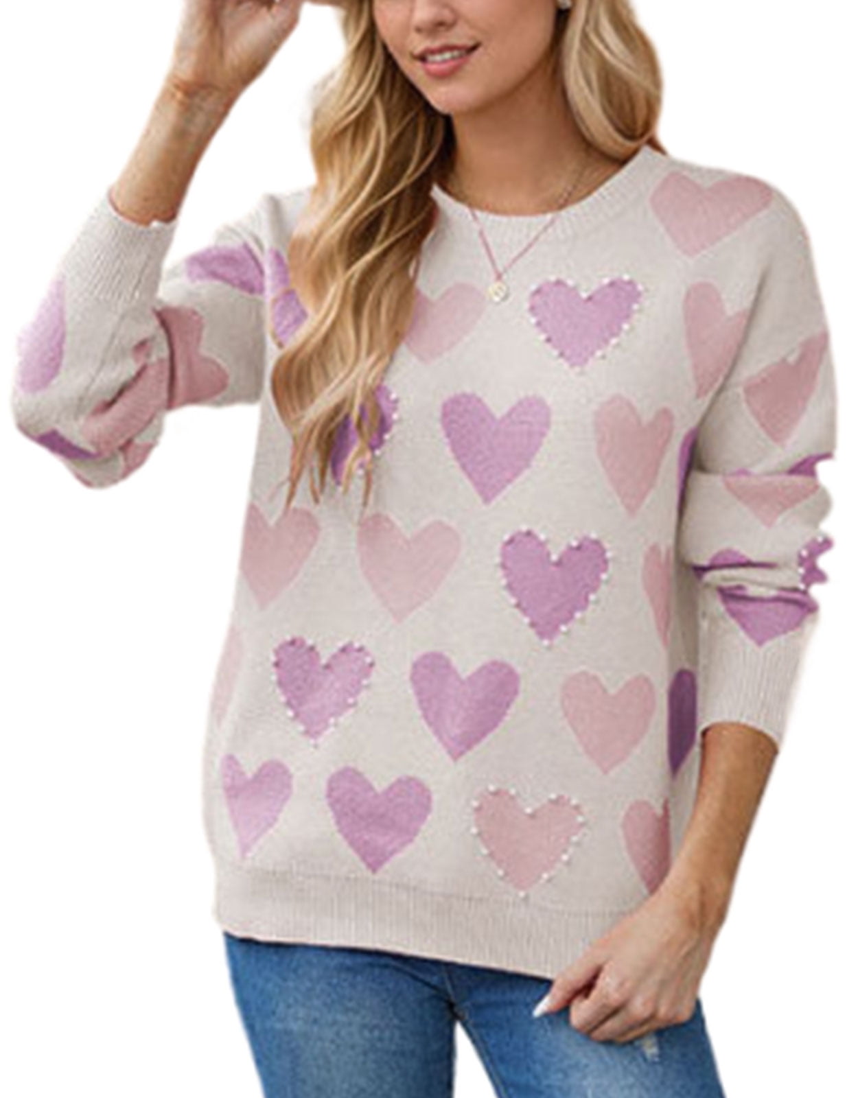 Cogild Cozy Pearls Heart PatternSweater Crewneck Long Sleeve Winter ...