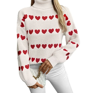 Cogild Women's Cute Heart Pattern Sweater, Casual Crew Neck, Cable ...