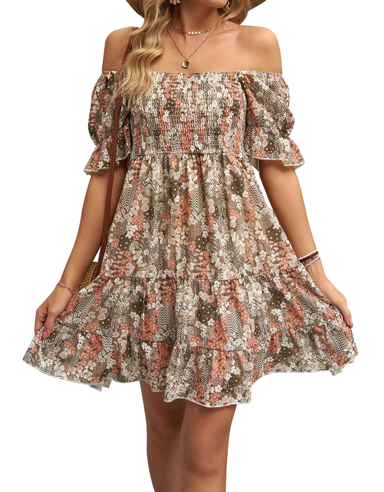 Cogild Summer Dresses Casual Short Sleeve Square Neck Mini Dresses ...