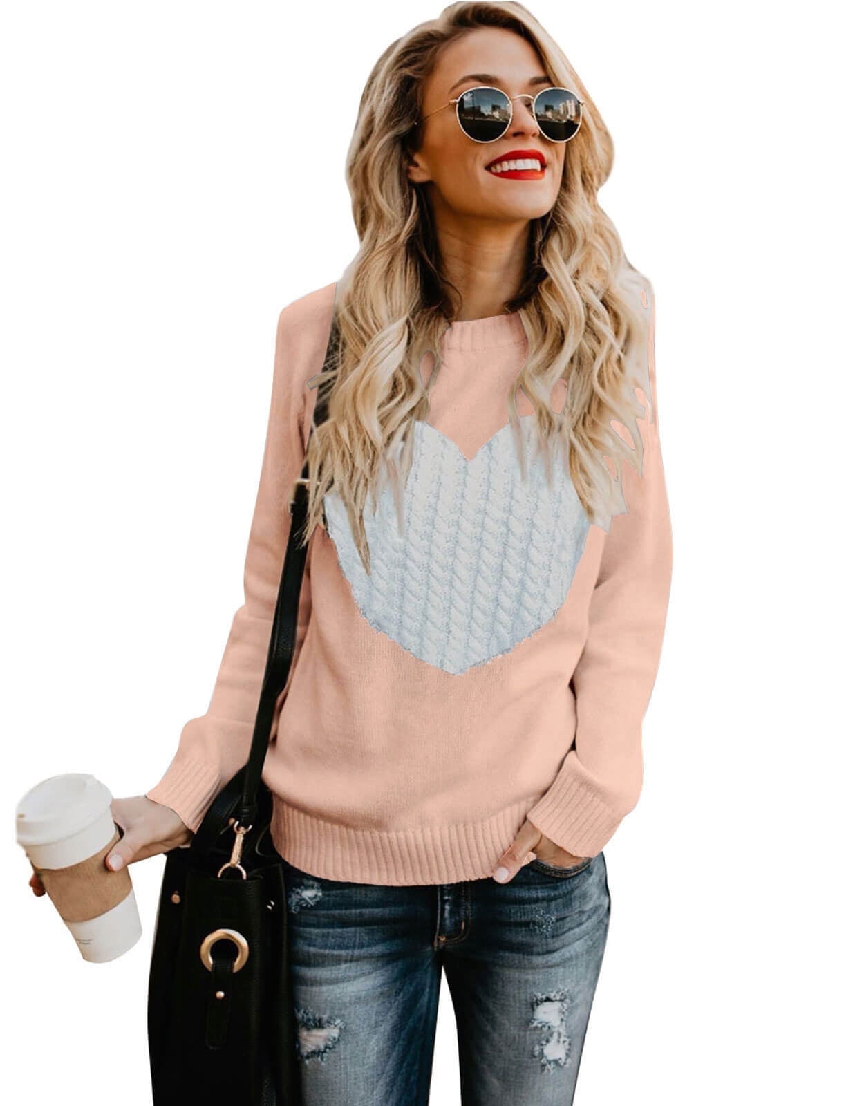 Cogild Women Cute Heart Sweaters Casual Crew Neck Pullover Cable ...