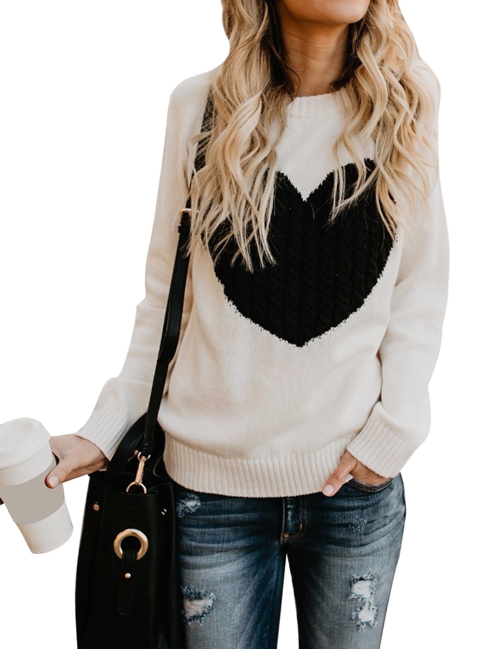 Cogild Women Cute Heart Sweaters Casual Crew Neck Pullover Cable ...