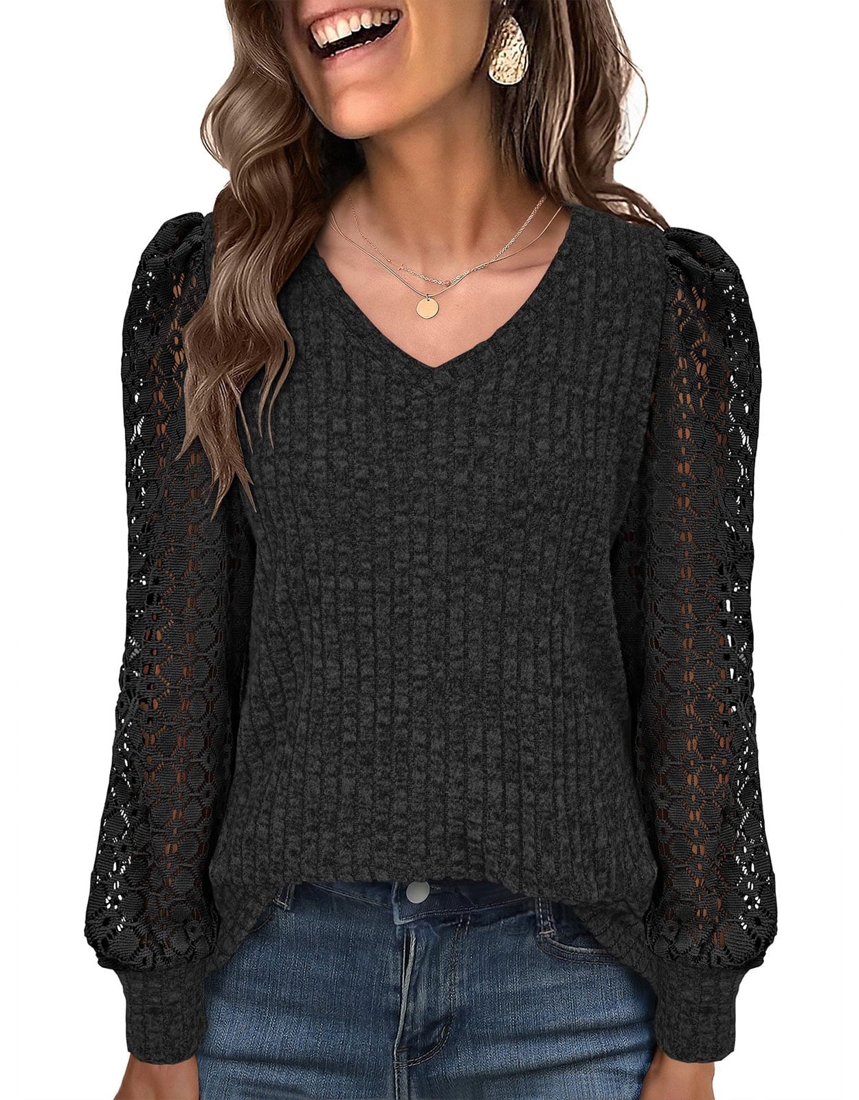 Cogild Women V-Neck Ribbed Knit Sweaters for Womens with Puff Lace Long ...