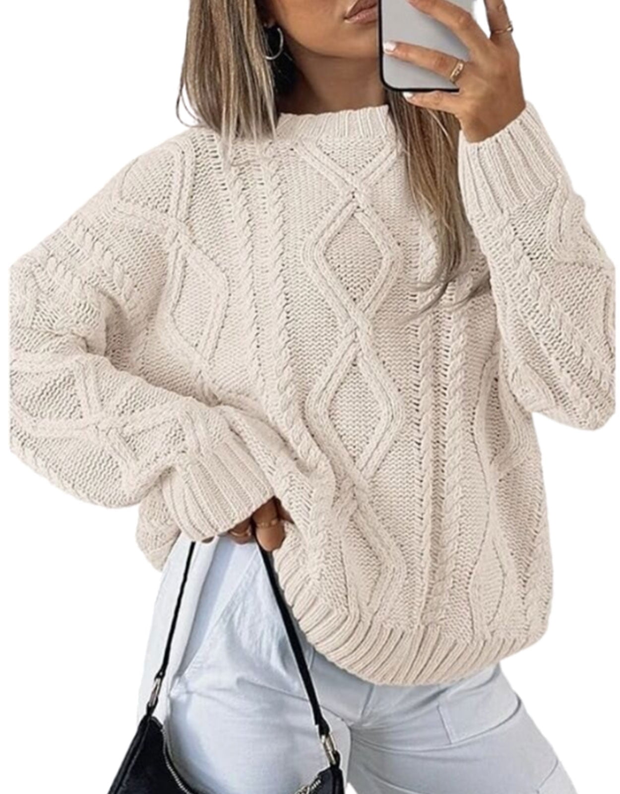 Cogild Women's Cable Knitted Crew Neck Oversized Sweaters for Womens ...