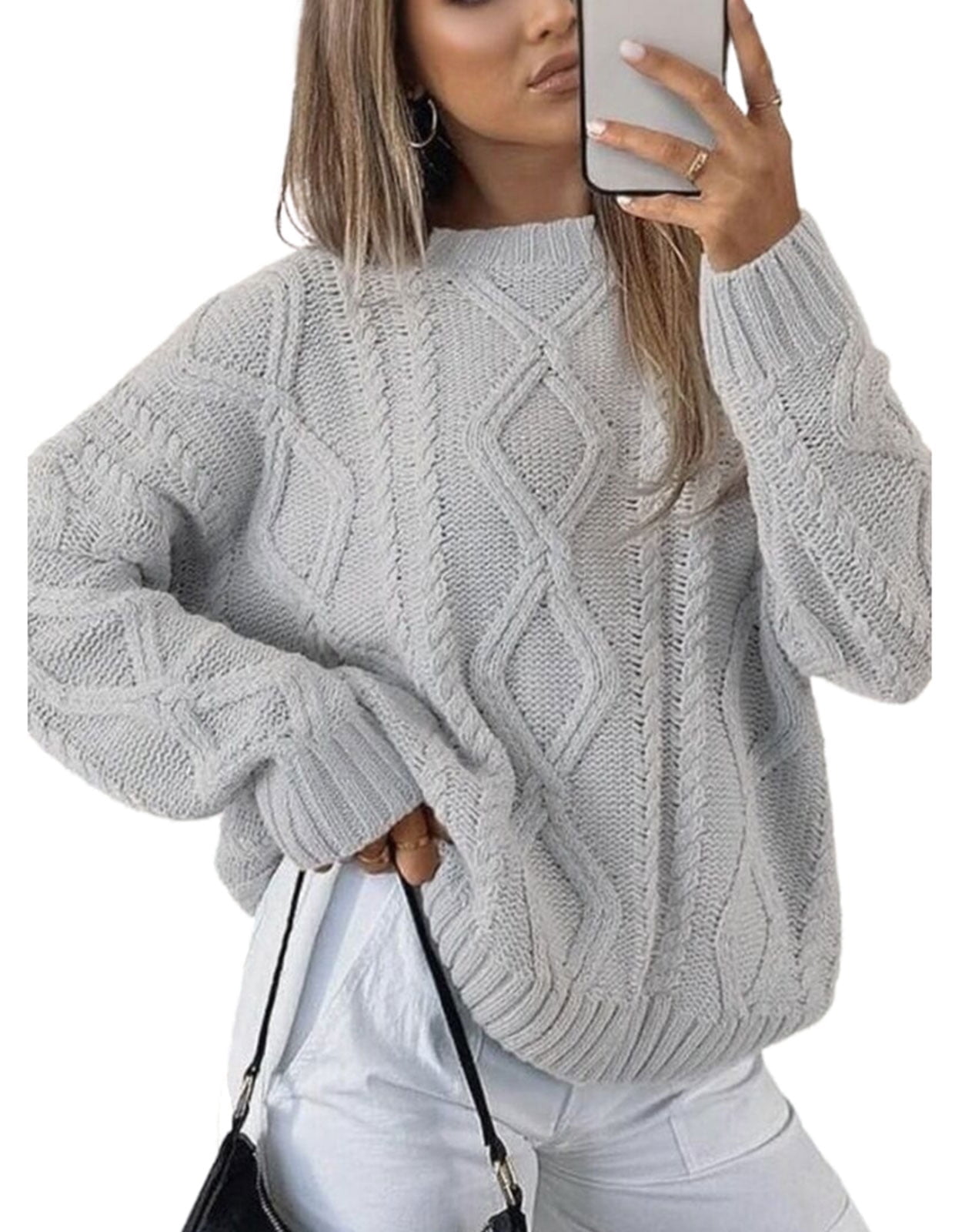 Cogild Women's Cable Knitted Crew Neck Oversized Sweaters for Womens ...