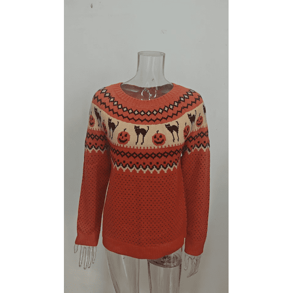 Cogild Women's Halloween Fair Isle Knit Sweater Black Cat Pumpkin Crew ...