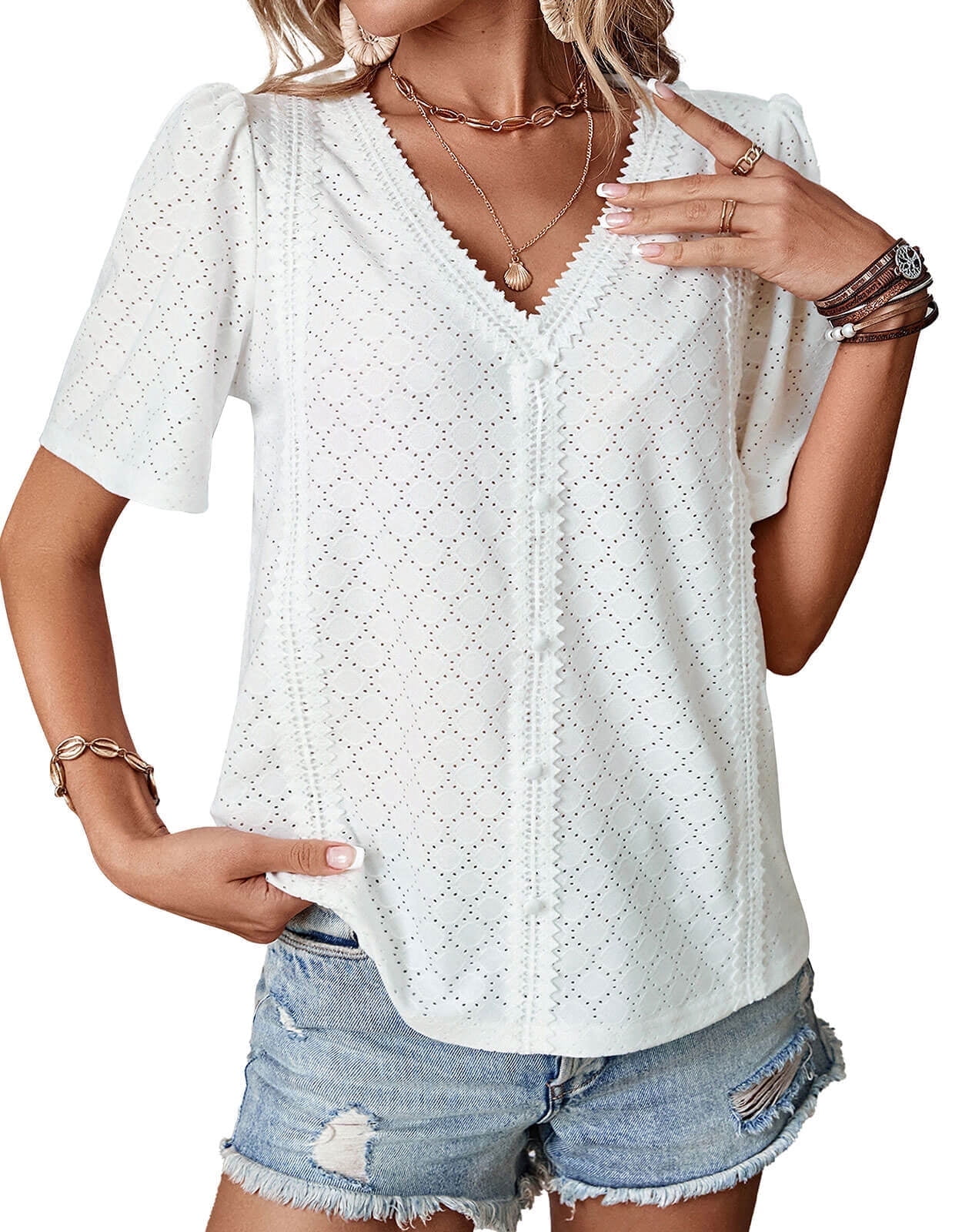 Cogild Womens Tops Solid Hollowed Out Blouse Short Sleeve V Neck ...