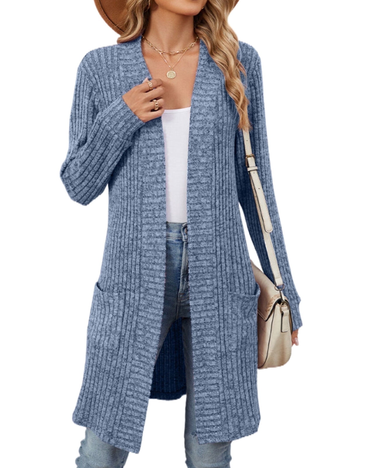 Coglid Long Open Front Knitted Cardigans for Womens Solid Color Ribbed ...