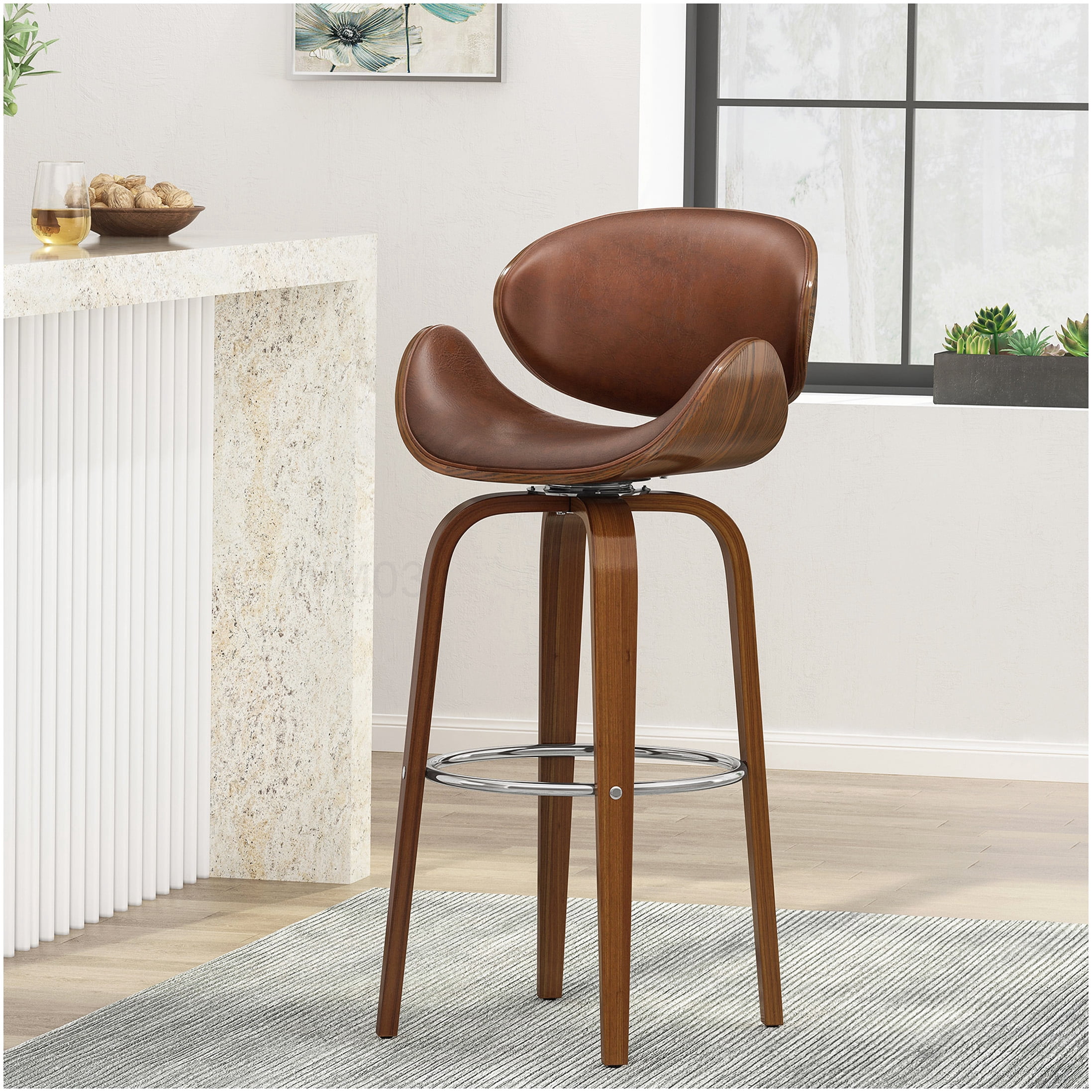 Cognac PU Leather Bar Stool with Swivel Base, Mid-Century Modern Walnut ...