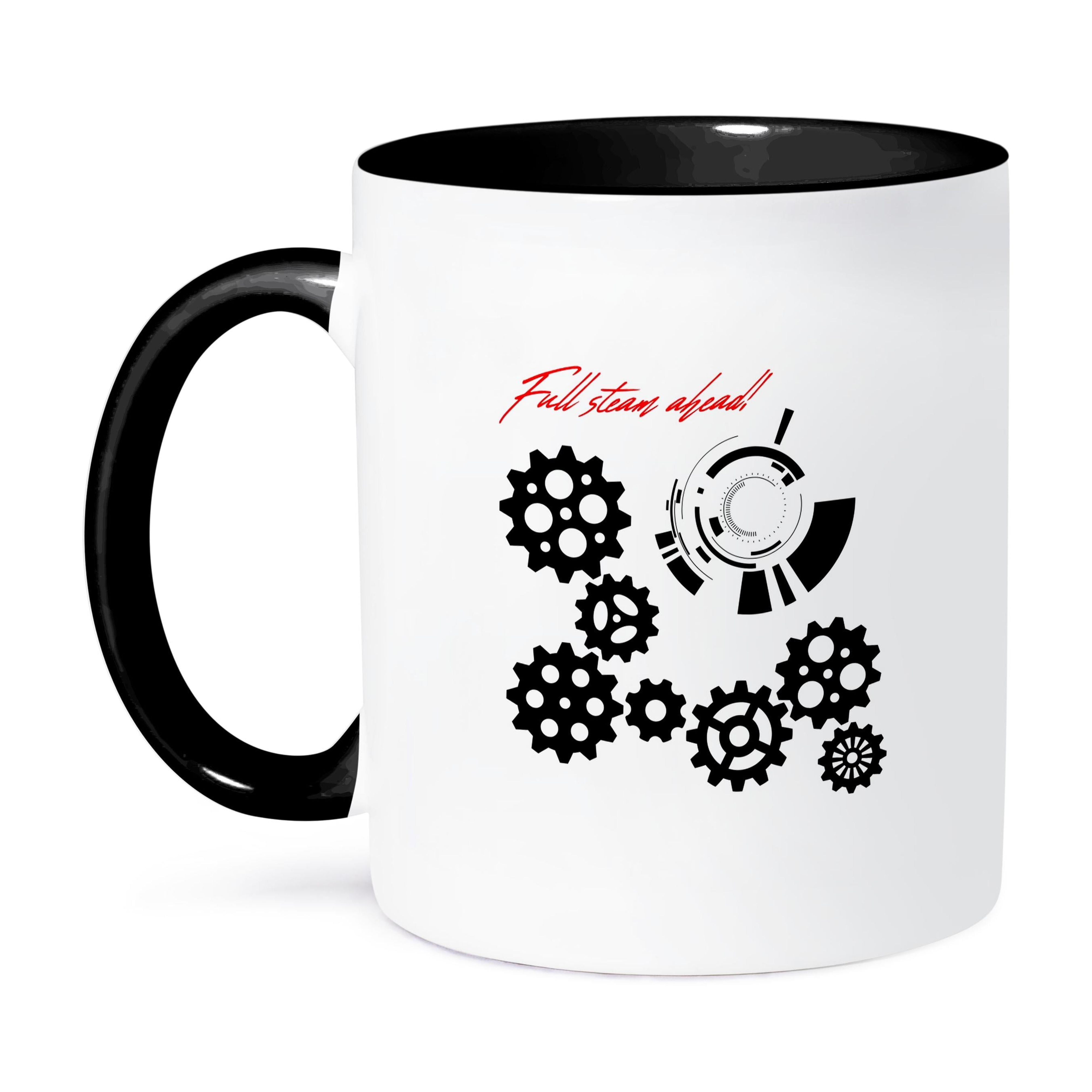 Cogs And An Abstract Shape. Red Text Full Steam Ahead On White, 15oz ...