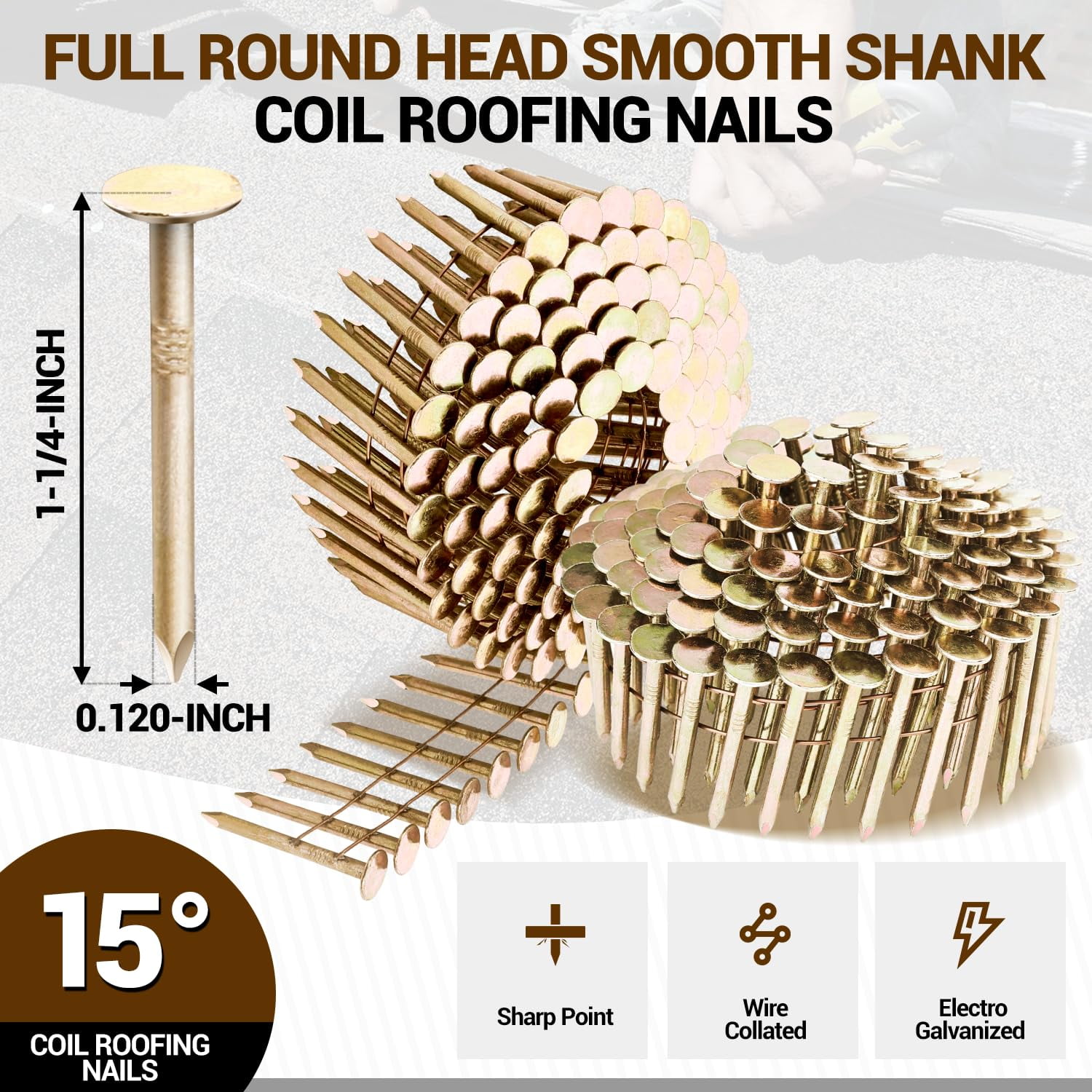 Coil Roofing Nails, 1-1/4-Inch × .120-Inch 15 Degree Round Head Smooth ...
