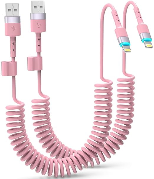 Coiled Pink iPhone Charger 3 FT 2-Pack Apple CarPlay Cable Car ...