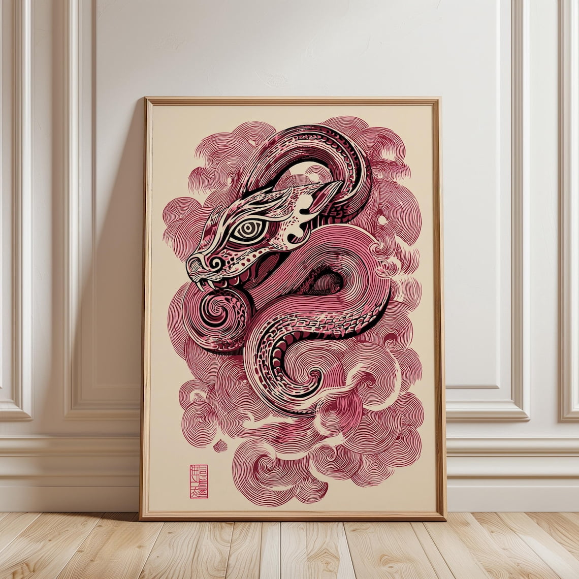 Coiled Snake Dragon Mythical Japanese Pink Maroon Oriental Wall Art ...