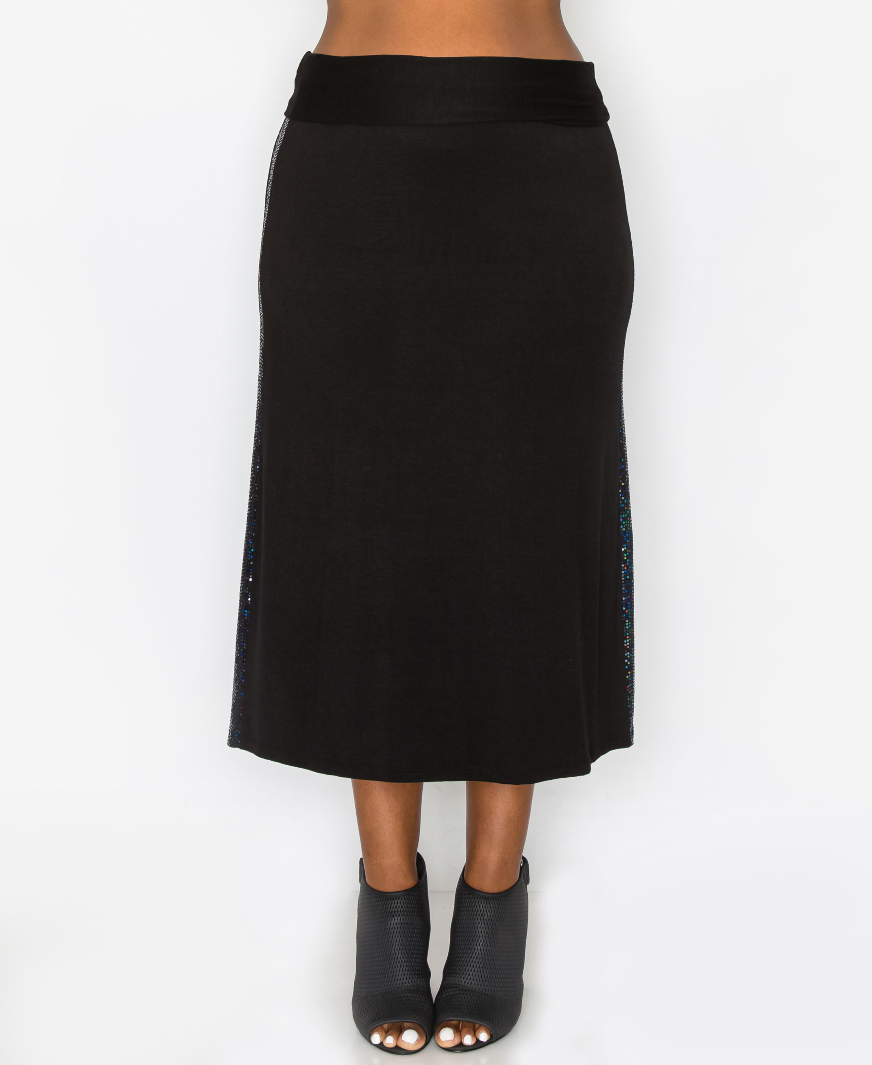 Coin 1804 Plus Size Sequin Side Contrast Fold Over Midi Skirt Black ...