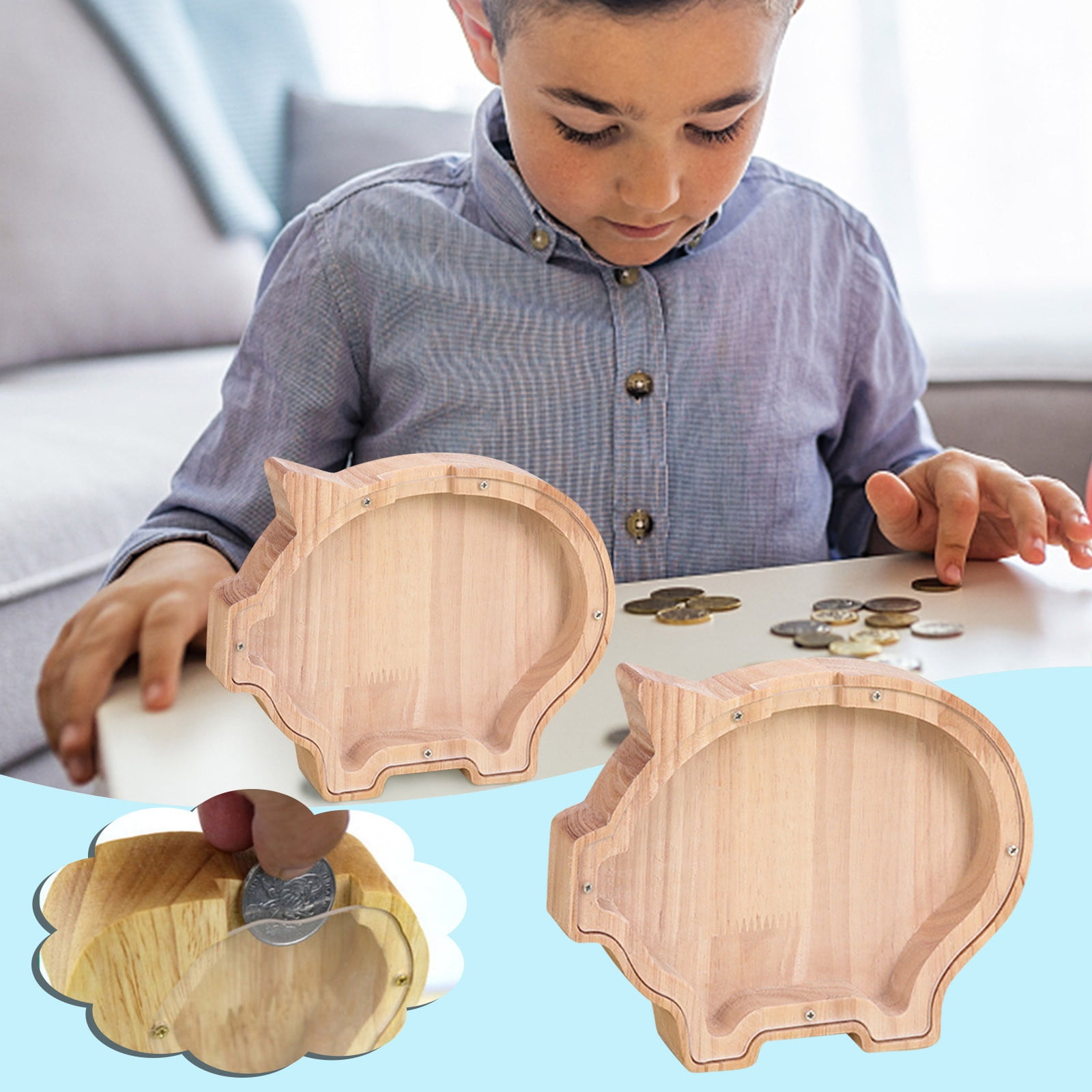 Coin Bank Wooden Pig Shape, Creative Kids Wooden Deposit Box for ...