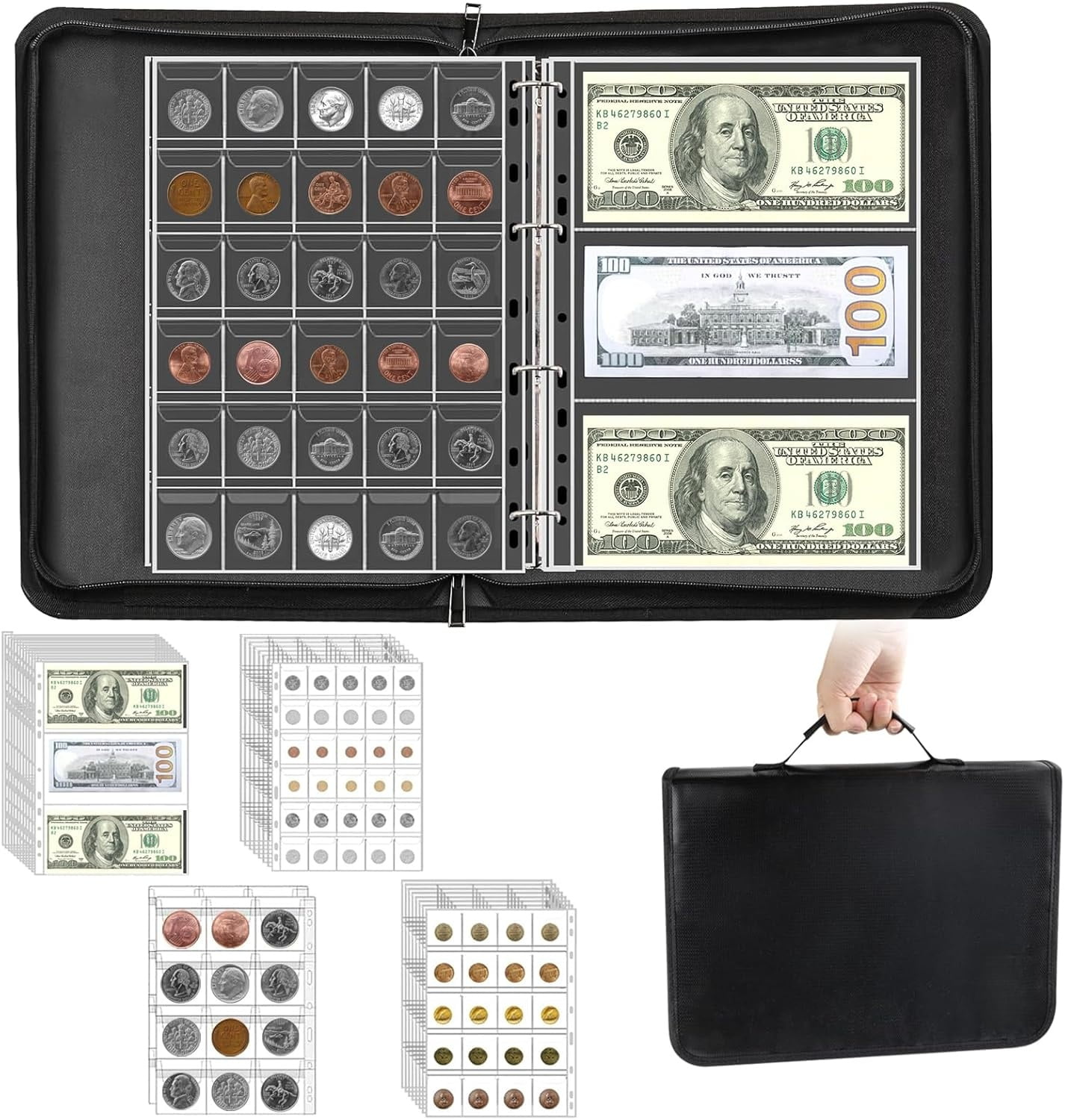 Coin Binder for Collectors with Handle, Fireproof 360 Pockets Coin ...