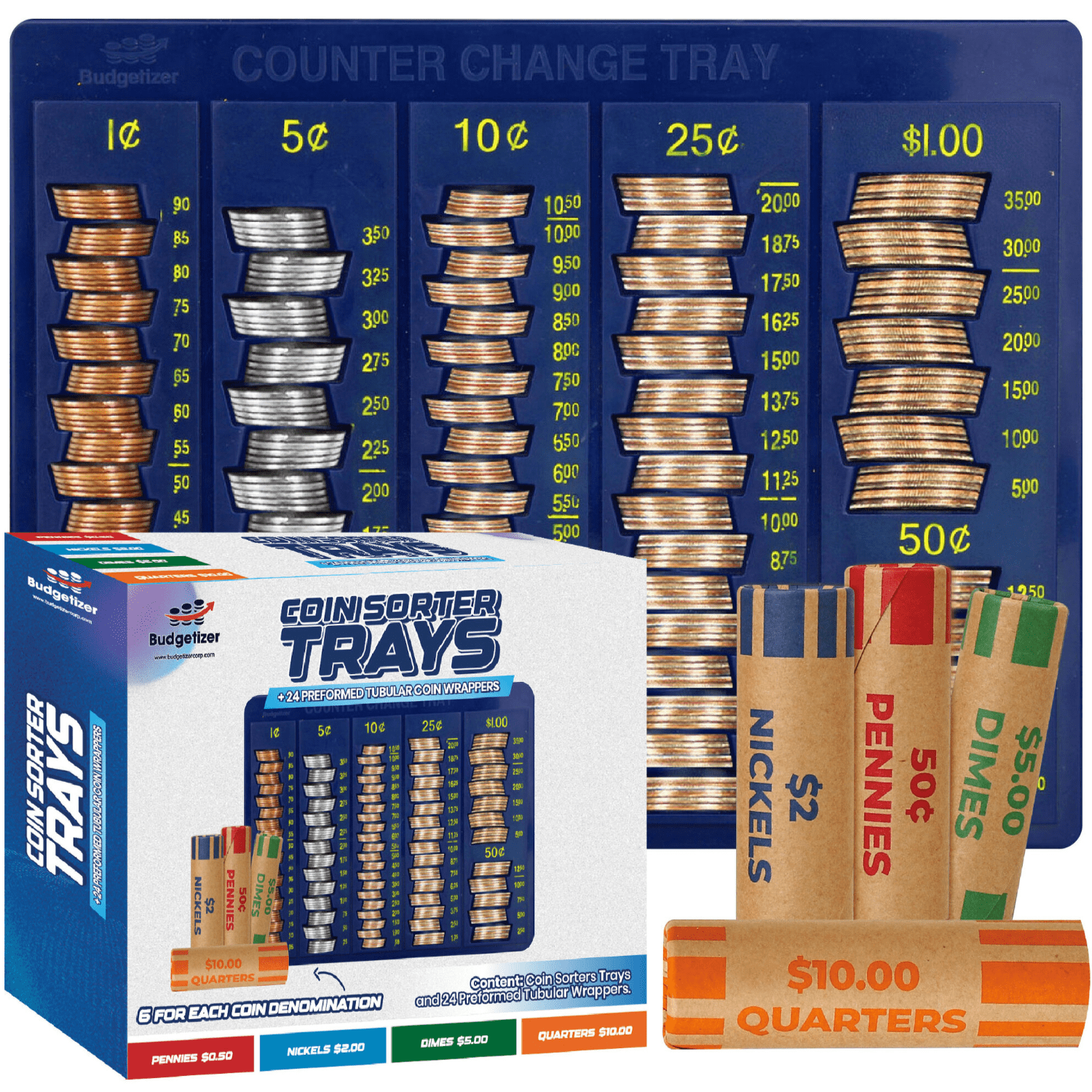 Coin Counter Sorter Money Tray with 24 Tubular Wrappers, 6 Compartment ...