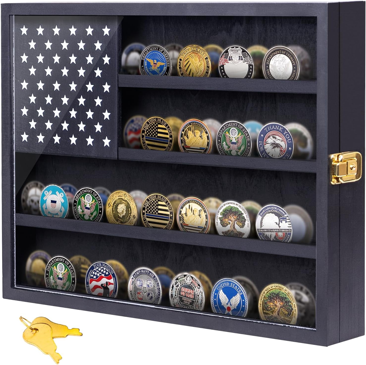 Coin Display Case, 16”x12” Wooden American Flag Medal Shadow Box with ...