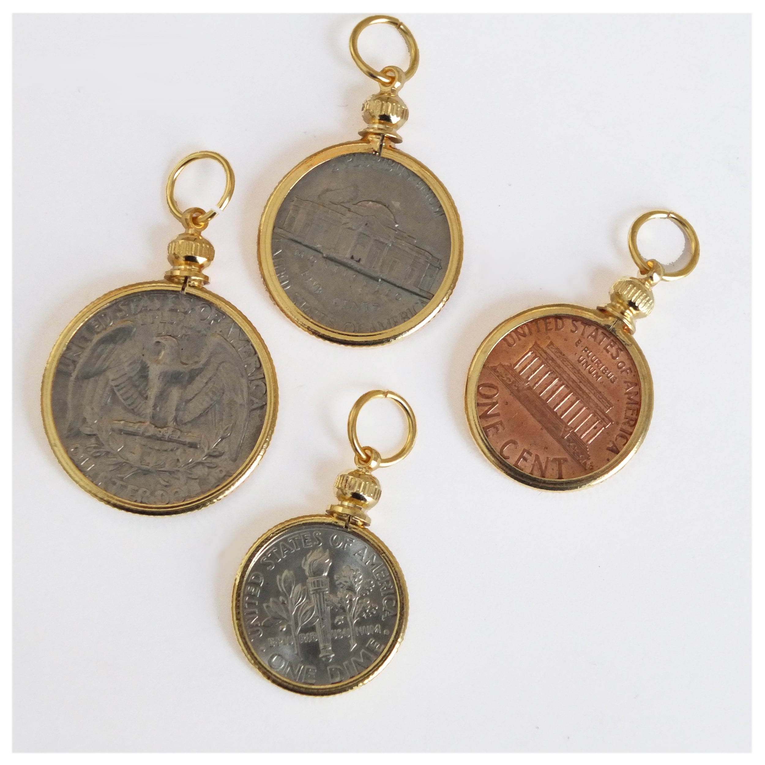 Coin Holders Bezel USA Penny Nickel Dime Quarter Set of 4 Goldtone ...