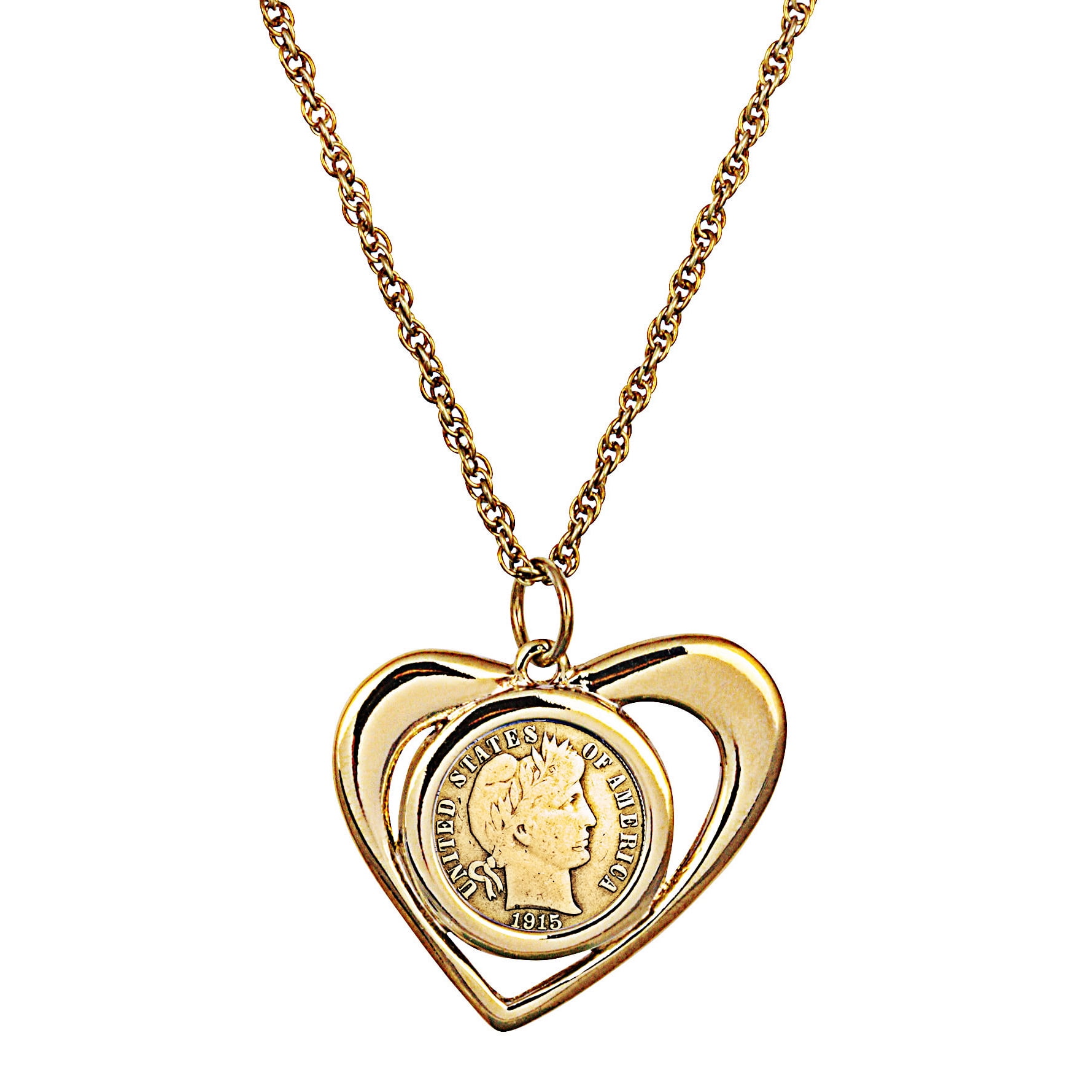 Coin Necklace Pendant Golden Open Heart– Genuine Barber Dime Gold ...