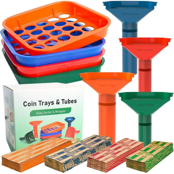 Coin Sorter Tray & Coin Sorter Tube - 4 Color Coded Coin Separator ...