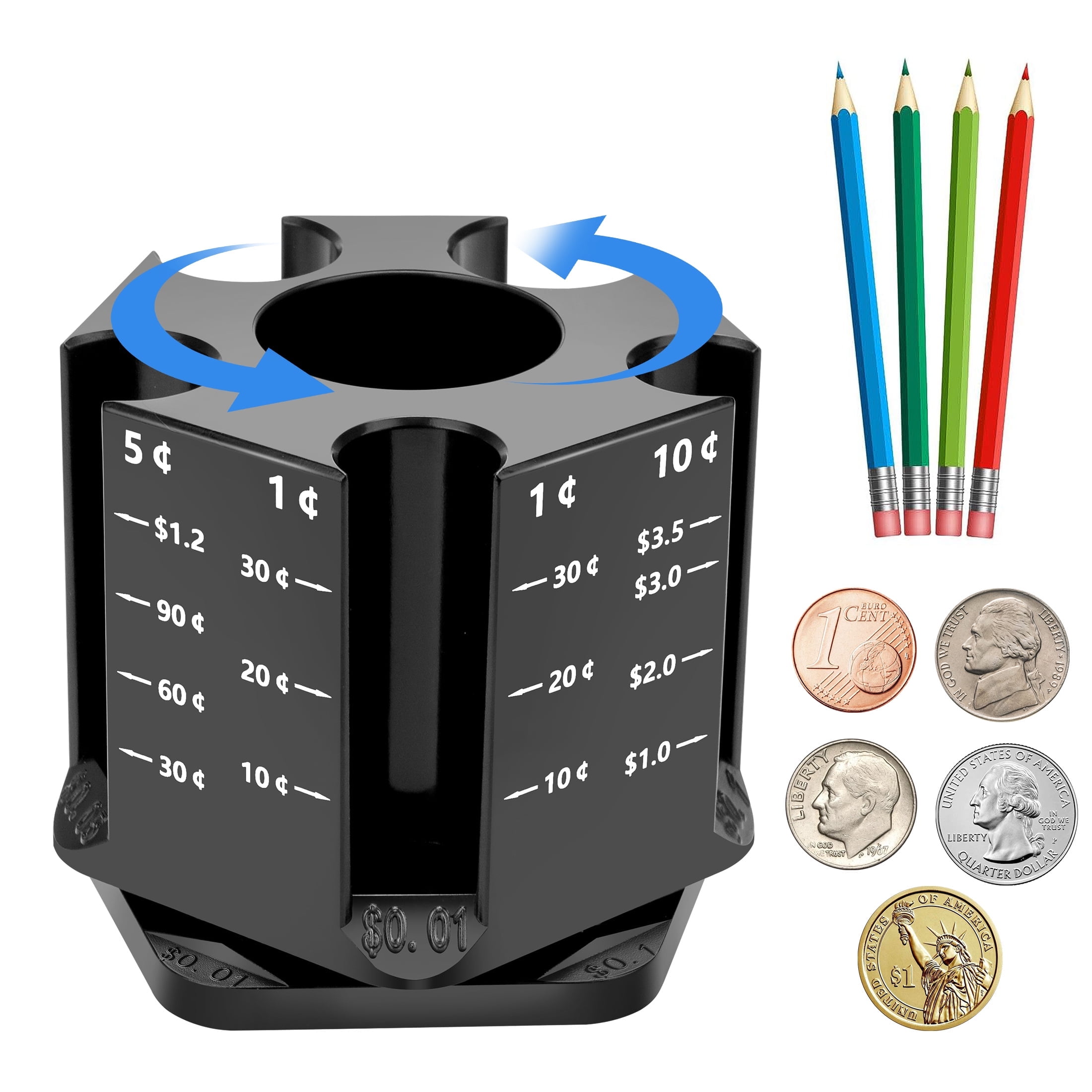 Coin Sorter with Pen Holder, Rotatable Coin Counter Change Sorter, 2 in ...