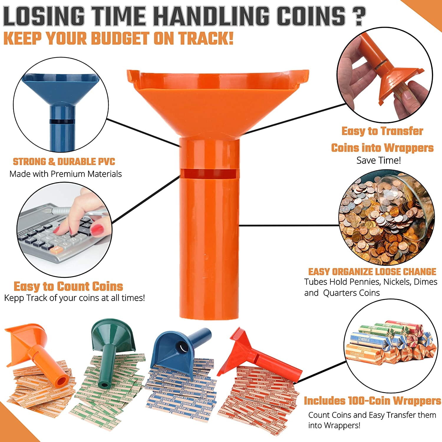 Coin Wrappers with Coin Sorter Tubes, Funnel Shaped Coin Tube Set with ...