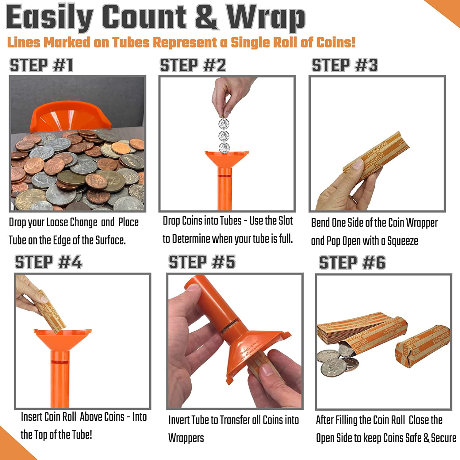 Coin Wrappers with Coin Sorter Tubes, Funnel Shaped Coin Tube Set with ...