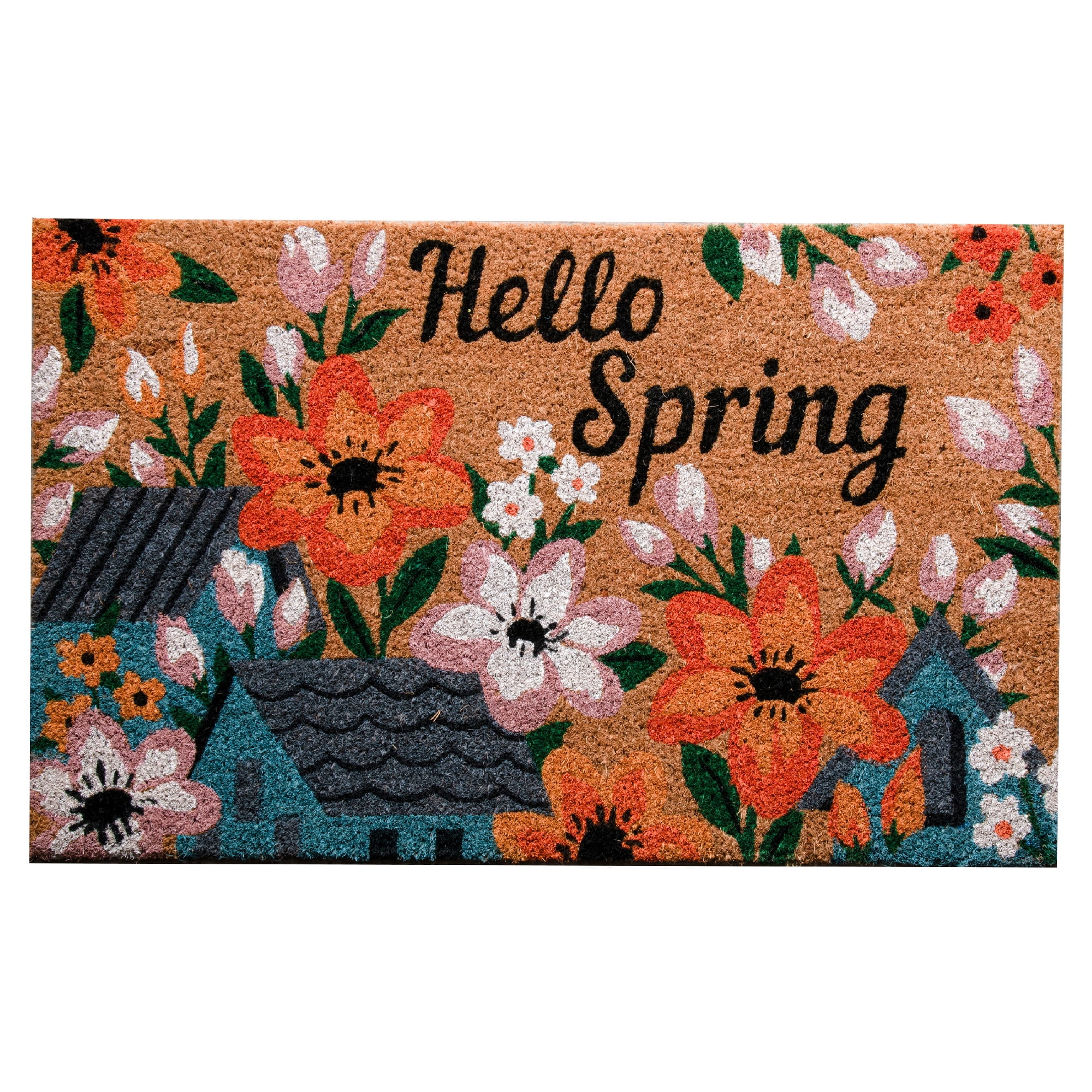 Coir Door Mat Flowers & Houses "Hello Spring" - Walmart.com
