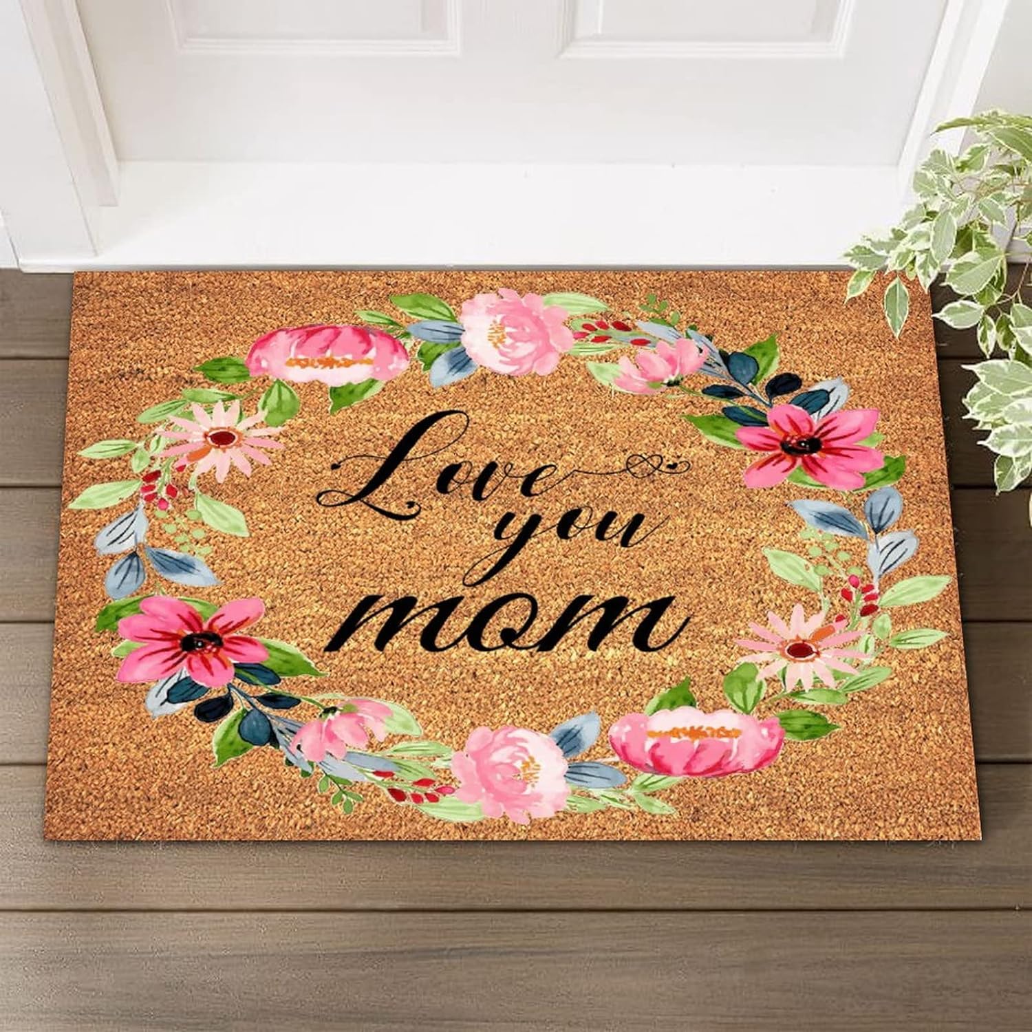 Coir Mat with Flower Wreath Welcome Mat 18"x30" Love You Mom Natural ...