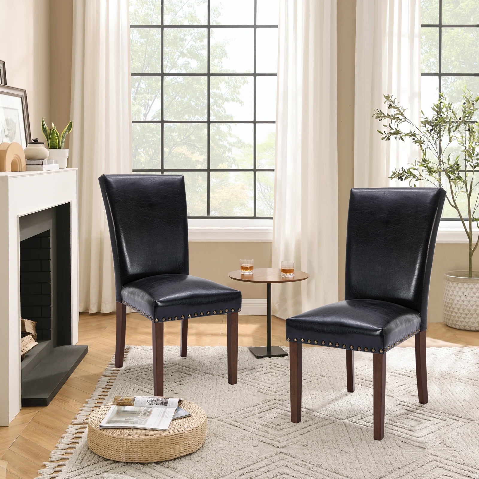Colamy Black Upholstered Wood Legs Parsons Leather Dining Chairs with ...